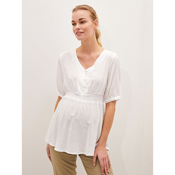V Yaka Puantiyeli Kısa Kollu Viskon Hamile Bluz