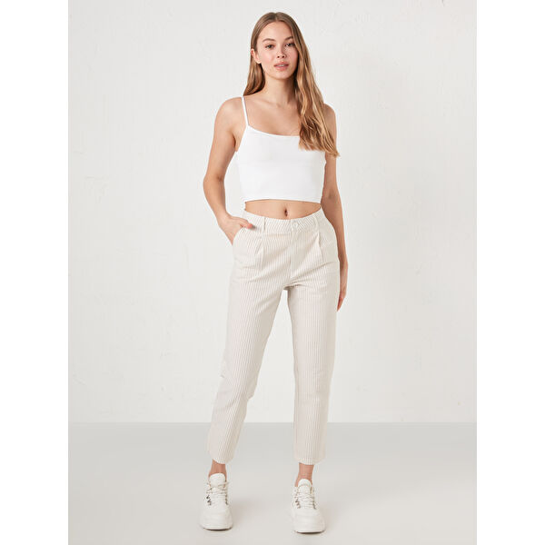 LCW CASUAL Çizgili Dar Paça Bilek Boy Havuç Kesim Poplin Kadın Pantolon