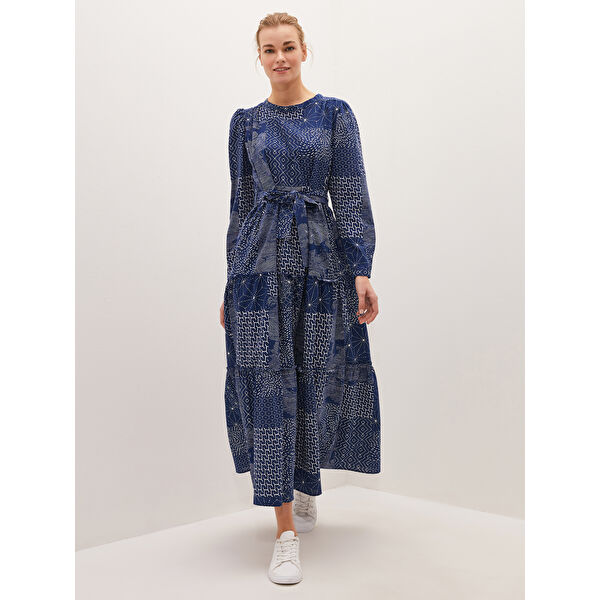 LCW CLASSIC Bisiklet Yaka Desenli Uzun Kollu Pamuklu Kadın Elbise