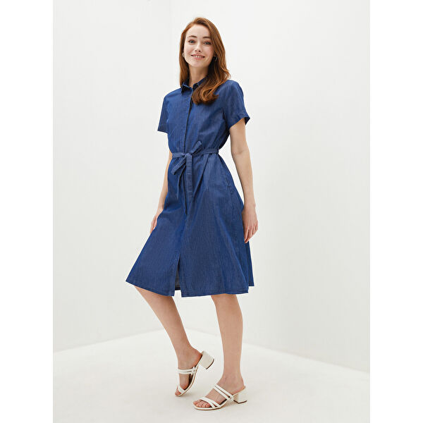 LCW CLASSIC Gömlek Yaka Düz Beli Kuşaklı Kısa Kollu Kadın Jean Elbise