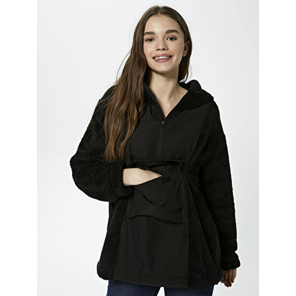 Kapüşonlu Cep Detaylı Uzun Kollu Peluş Outdoor Kadın Mont