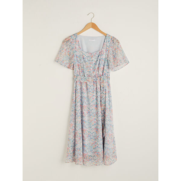 LCW CLASSIC Kare Yaka Desenli Beli Kuşaklı Kısa Kollu Kadın Elbise