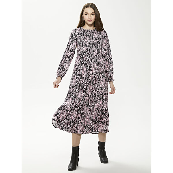 LCW LIMITED Bisiklet Yaka Desenli Uzun Kollu Kadın Elbise