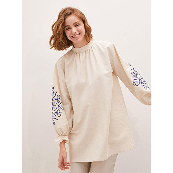 MODEST Bisiklet Yaka Nakışlı Uzun Kollu Oversize Kadın Tunik