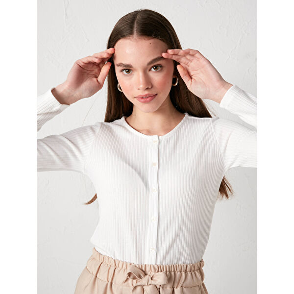 Bisiklet Yaka Düz Düğme Detaylı Uzun Kollu Kadın Hırka