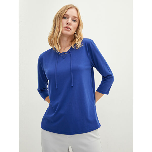 LCW BASIC Bağcıklı V Yaka Düz Kısa Kollu Kadın Bluz