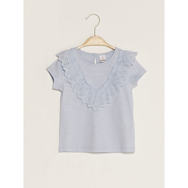 Bisiklet Yaka Kısa Kollu Fırfır Detaylı Kız Bebek Tişört