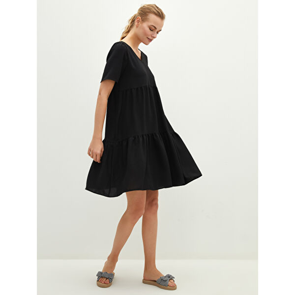 LCW CLASSIC V Yaka Düz Kısa Kollu Fırfır Detaylı Kadın Elbise