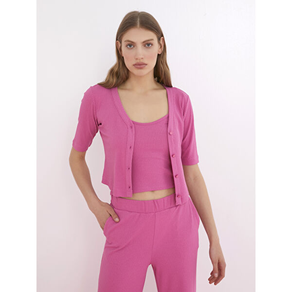 LCW LIMITED Düğme Detaylı Kısa Kollu Kaşkorse Kadın Atlet ve Hırka