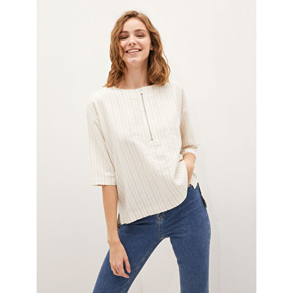 LCW CLASSIC Bisiklet Yaka Çizgili Kısa Kollu Fermuarlı Kadın Bluz