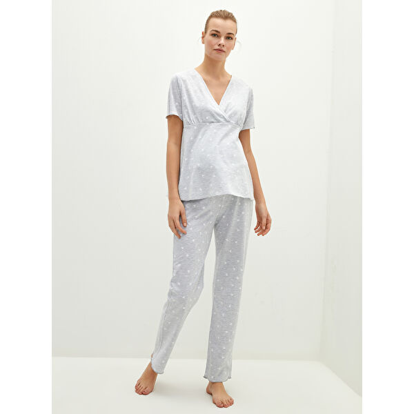 LCW DREAM Kruvaze V Yaka Desenli Kısa Kollu Hamile Pijama Takımı