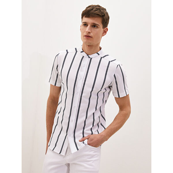 Slim Fit Hakim Yaka Kısa Kollu Çizgili Erkek Gömlek