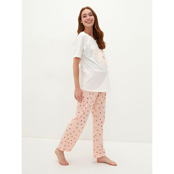 Bisiklet Yaka Baskılı Kısa Kollu Pamuklu Hamile Pijama Takımı