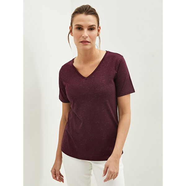 V Yaka Kendinden Desenli Kısa Kollu Kadın Tişört