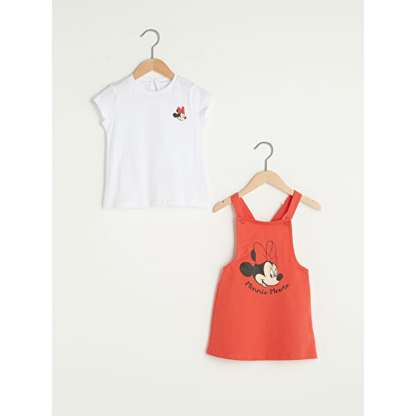 Bisiklet Yaka Kısa Kollu Mickey Mouse Baskılı Kız Bebek Tişört ve Elbise 2'li Takım