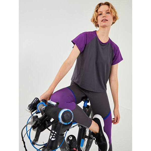 Bisiklet Yaka Renk Bloklu Reflektör Baskılı Kısa Kollu Kadın Outdoor Tişört Bisiklet Yaka Renk Bloklu Reflektör Baskılı Kısa Kollu Kadın Outdoor Tişört