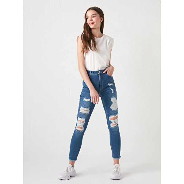 Yüksek Bel Dar Fit Yırtık Desenli Kadın Rodeo Jean Pantolon