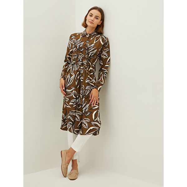 MODEST Düğmeli Gömlek Yaka Desenli Uzun Kollu Kadın Tunik