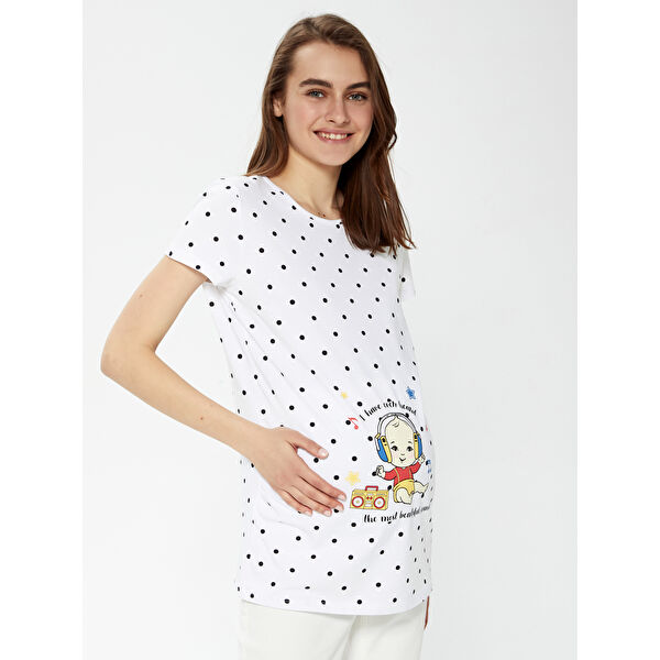 Bisiklet Yaka Baskılı Kısa Kollu Pamuklu Hamile Tişört
