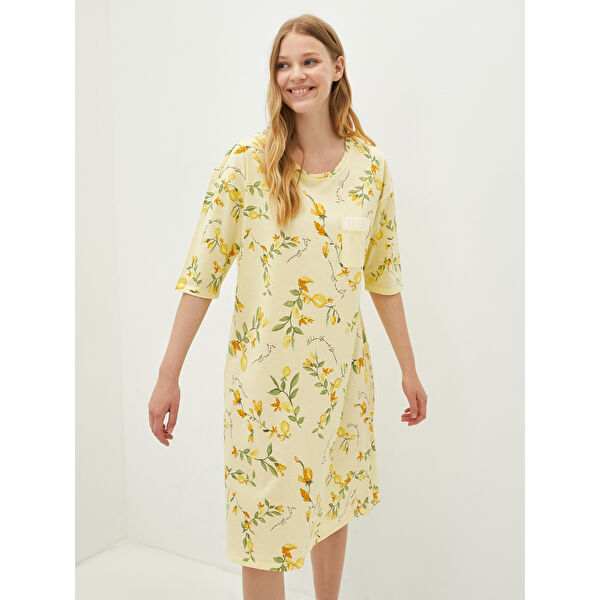 LCW DREAM Bisiklet Yaka Desenli Cep Detaylı Pamuklu Kadın Gecelik