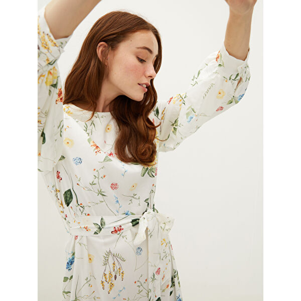 MODEST Bisiklet Yaka Çiçek Baskılı Uzun Kollu Pamuklu Kadın Elbise