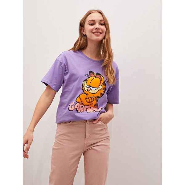 LCW CASUAL Bisiklet Yaka Garfield Baskılı Kısa Kollu Pamuklu Kadın Tişört