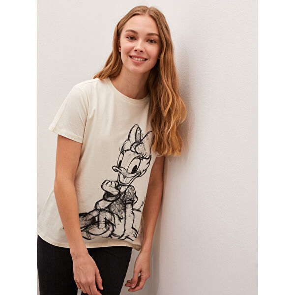 LCW CASUAL Bisiklet Yaka Daisy Duck Baskılı Kısa Kollu Pamuklu Kadın Tişört