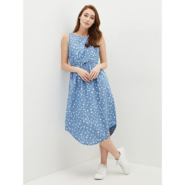 LCW CLASSIC Bisiklet Yaka Baskılı Kolsuz Kadın Jean Elbise