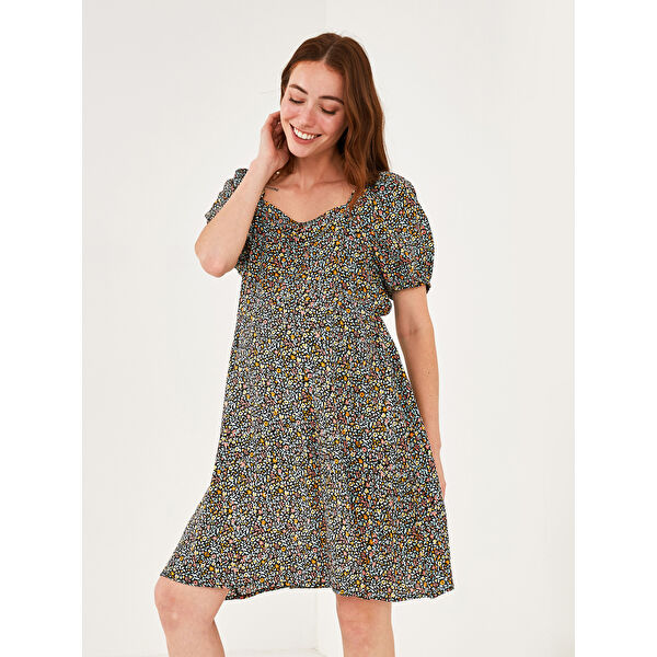 Kare Yaka Çiçek Baskılı Kısa Kollu Hamile Elbise