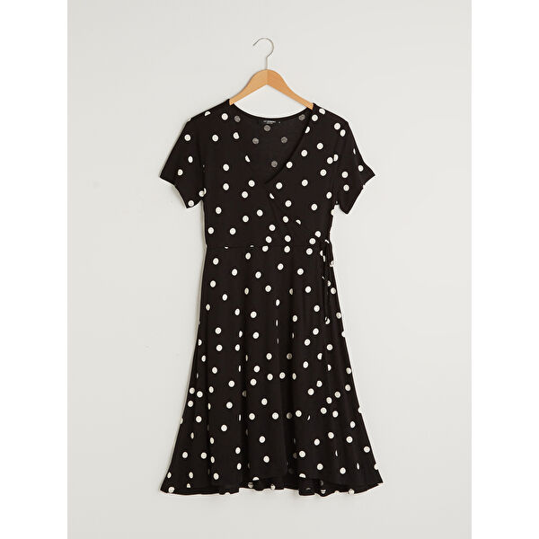 Kruvaze V Yaka Puantiyeli Kısa Kollu Viskon Hamile Elbise