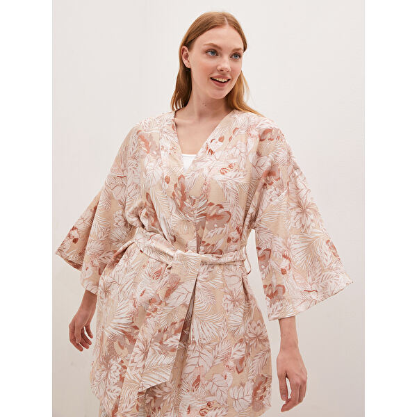 LCW VISION Şal Yaka Desenli Beli Bağlama Detaylı Keten Kadın Kimono