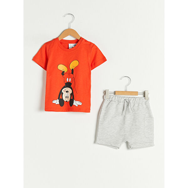 Bisiklet Yaka Kısa Kollu Mickey Mouse Baskılı Erkek Bebek Tişört ve Şort 2'li Takım