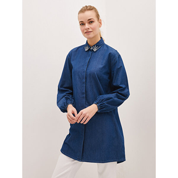 LCW CLASSIC Gömlek Yaka Taş Detaylı Uzun Kollu Kadın Jean Tunik LCW CLASSIC Gömlek Yaka Taş Detaylı Uzun Kollu Kadın Jean Tunik