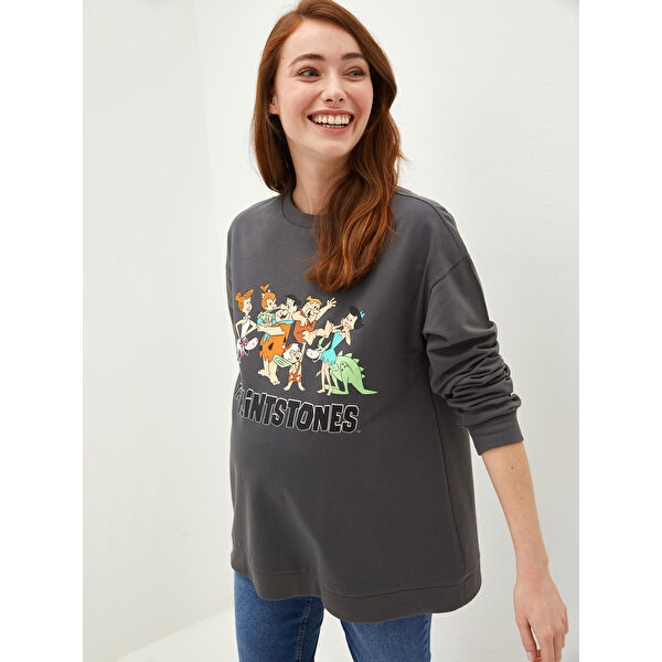 Bisiklet Yaka The Flint Stones Baskılı Uzun Kollu Pamuklu Hamile Sweatshirt Bisiklet Yaka The Flint Stones Baskılı Uzun Kollu Pamuklu Hamile Sweatshirt