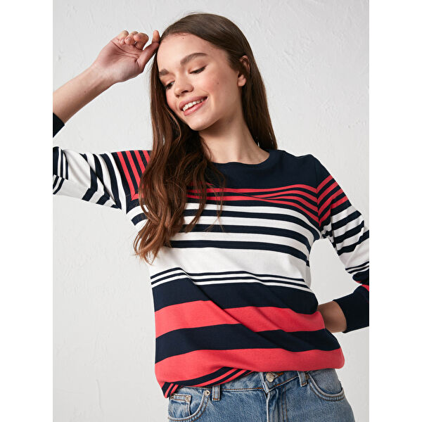 LCW CASUAL Bisiklet Yaka Çizgili Uzun Kollu Pamuklu Kadın Fitilli Sweatshirt