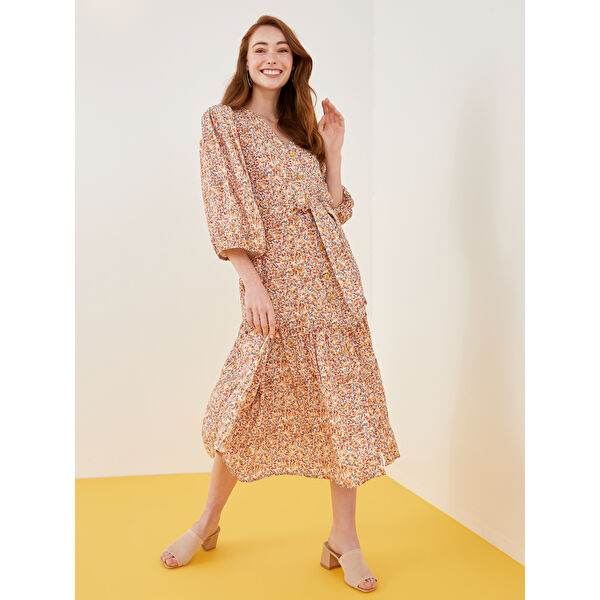 LCW CLASSIC V Yaka Desenli Beli Kuşaklı Viskon Kadın Elbise