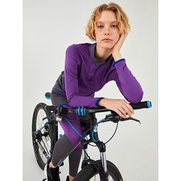 Dik Yaka Reflektör Baskılı Uzun Kollu Outdoor Kadın Tişört