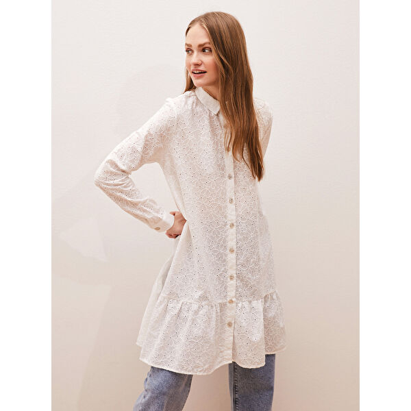 LCW CLASSIC Gömlek Yaka Nakışlı Uzun Kollu Pamuklu Kadın Tunik