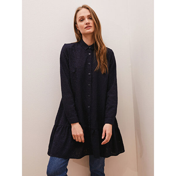 LCW CLASSIC Gömlek Yaka Nakışlı Uzun Kollu Pamuklu Kadın Tunik