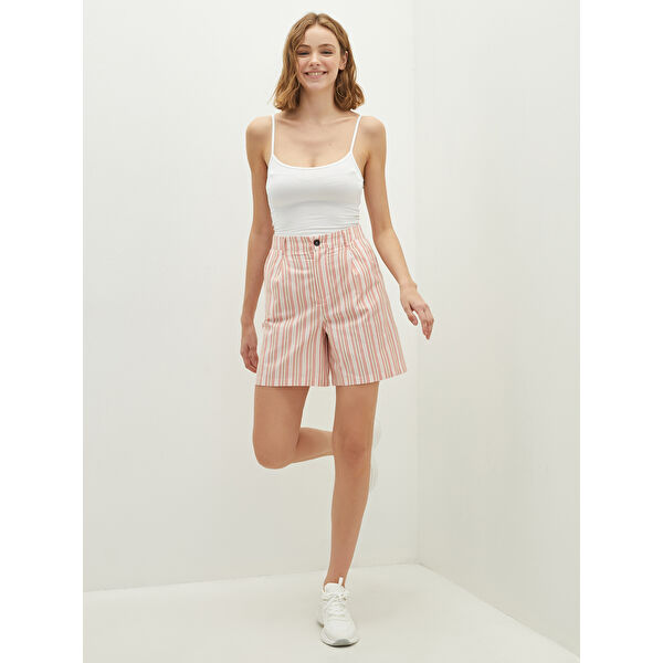 Bol Fit Çizgili Cep Detaylı Pamuklu Kadın Bermuda Şort