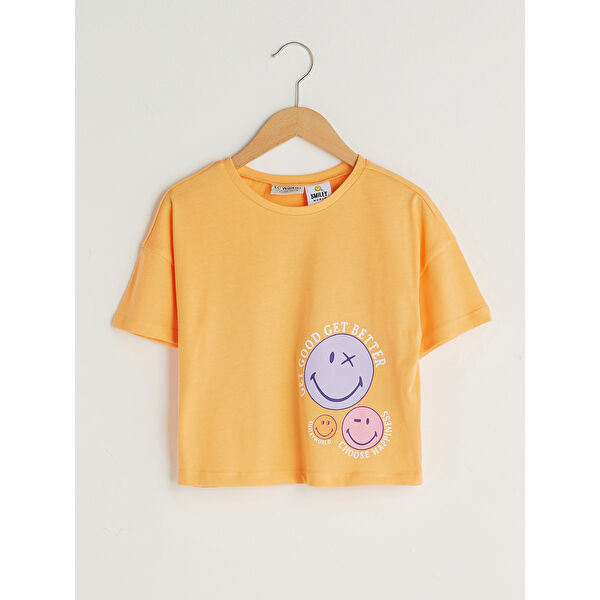 Bisiklet Yaka Smiley Baskılı Kısa Kollu Pamuklu Kız Çocuk Tişört Bisiklet Yaka Smiley Baskılı Kısa Kollu Pamuklu Kız Çocuk Tişört