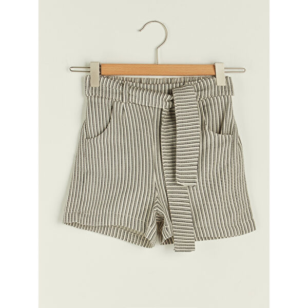 Beli Lastikli Çizgili Armürlü Kız Çocuk Şort