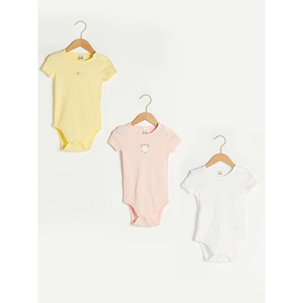 Bisiklet Yaka Kısa Kollu Pamuklu Kız Bebek Çıtçıtlı Body 3'lü