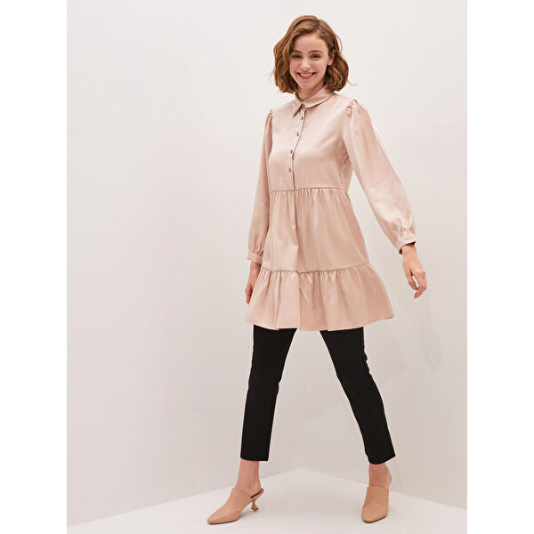 MODEST Gömlek Yaka Fırfır Detaylı Uzun Kollu Saten Kadın Tunik