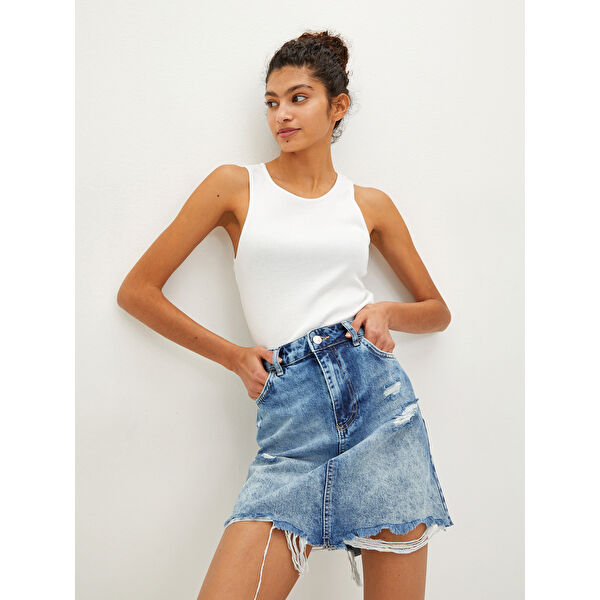 LCW CASUAL Standart Fit Cepli Yırtık Detaylı Kadın Rodeo Jean Etek