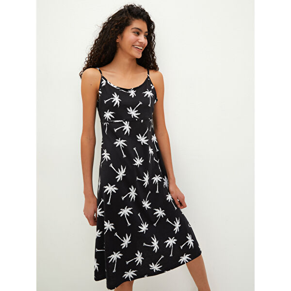 U Yaka Baskılı Askılı Pamuklu Kadın Gecelik