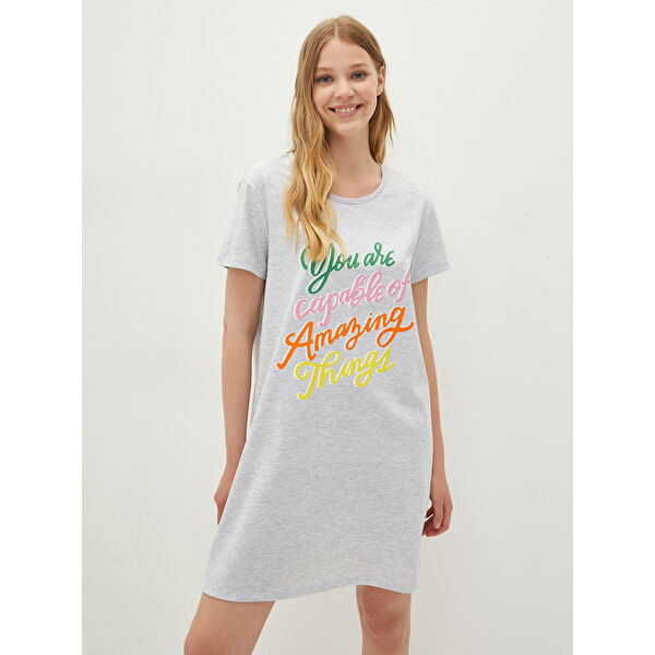 LCW DREAM Bisiklet Yaka Baskılı Kısa Kollu Kadın Gecelik