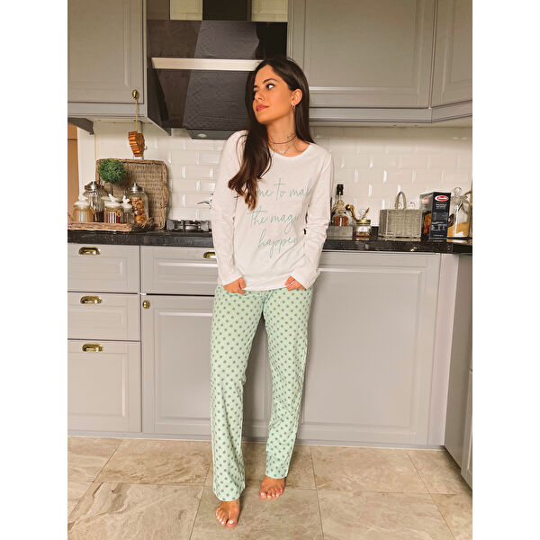 LCW DREAM Petite Bisiklet Yaka Baskılı Uzun Kollu Pamuklu Kadın Pijama Takımı