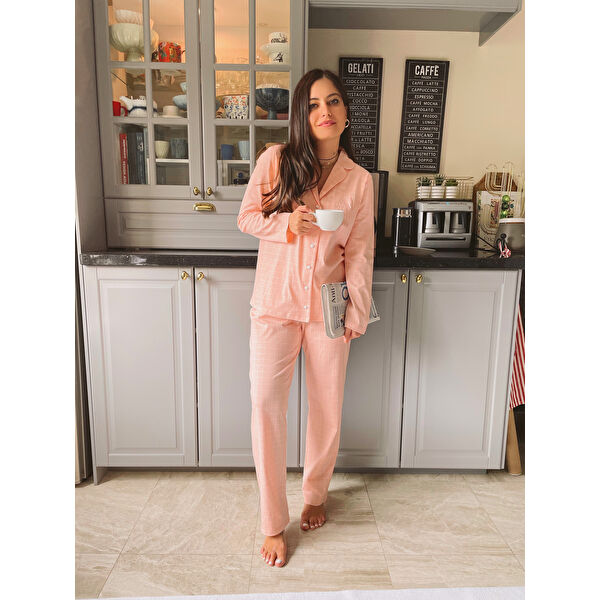 LCW DREAM Petite Gömlek Yaka Baskılı Uzun Kollu Pamuklu Kadın Pijama Takımı