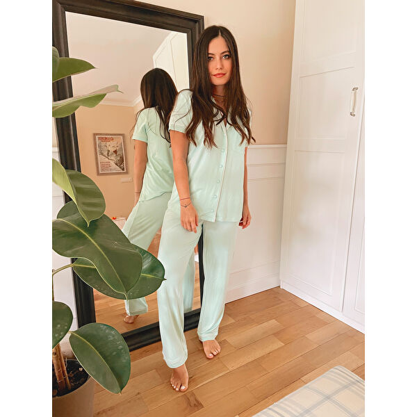 LCW DREAM Petite Gömlek Yaka Cep Detaylı Kısa Kollu Viskon Kadın Pijama Takımı